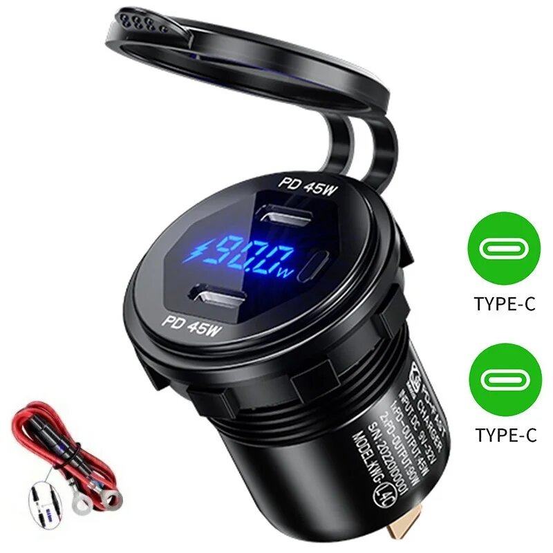 Двойная USB-розетка для зарядного устройства, 90 Вт, адаптер 12 В, 24 В, водонепроницаемый, с двумя портами USB, быстрая зарядка для автомобиля, лодки, внедорожника, седана, RV 2 TYPE C Blue