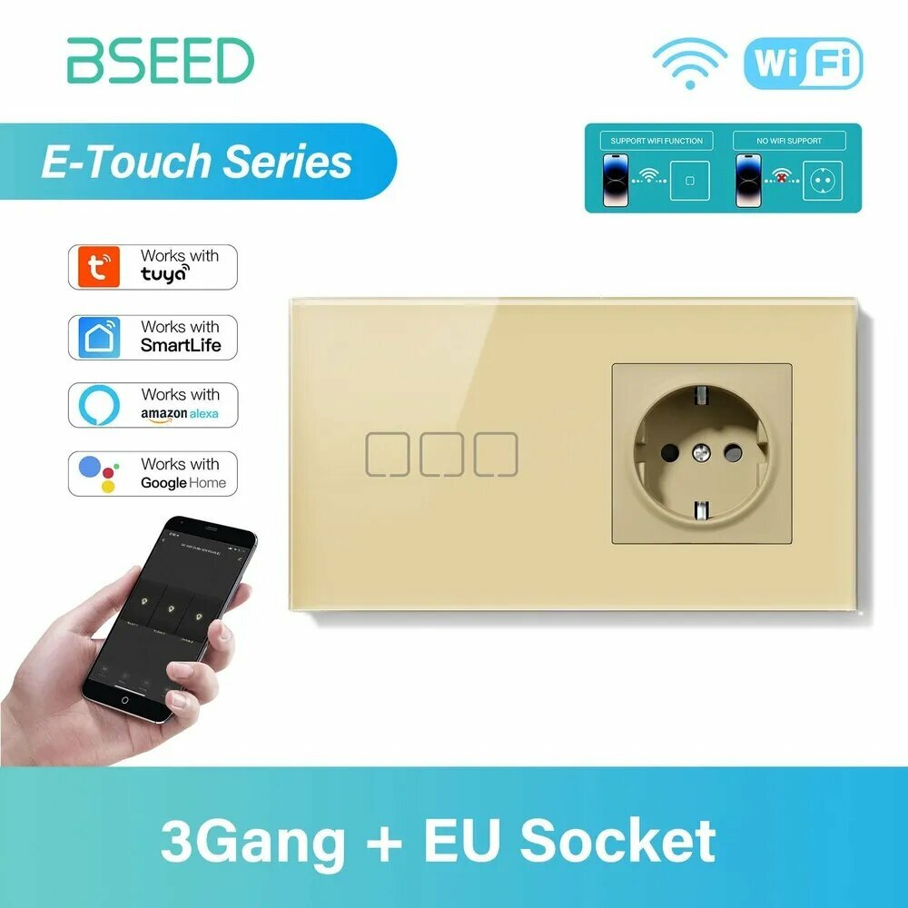 Умный сенсорный выключатель с розеткой с Алисой , 1 клавиши 1 розетка, Wi-Fi, Smart Life
