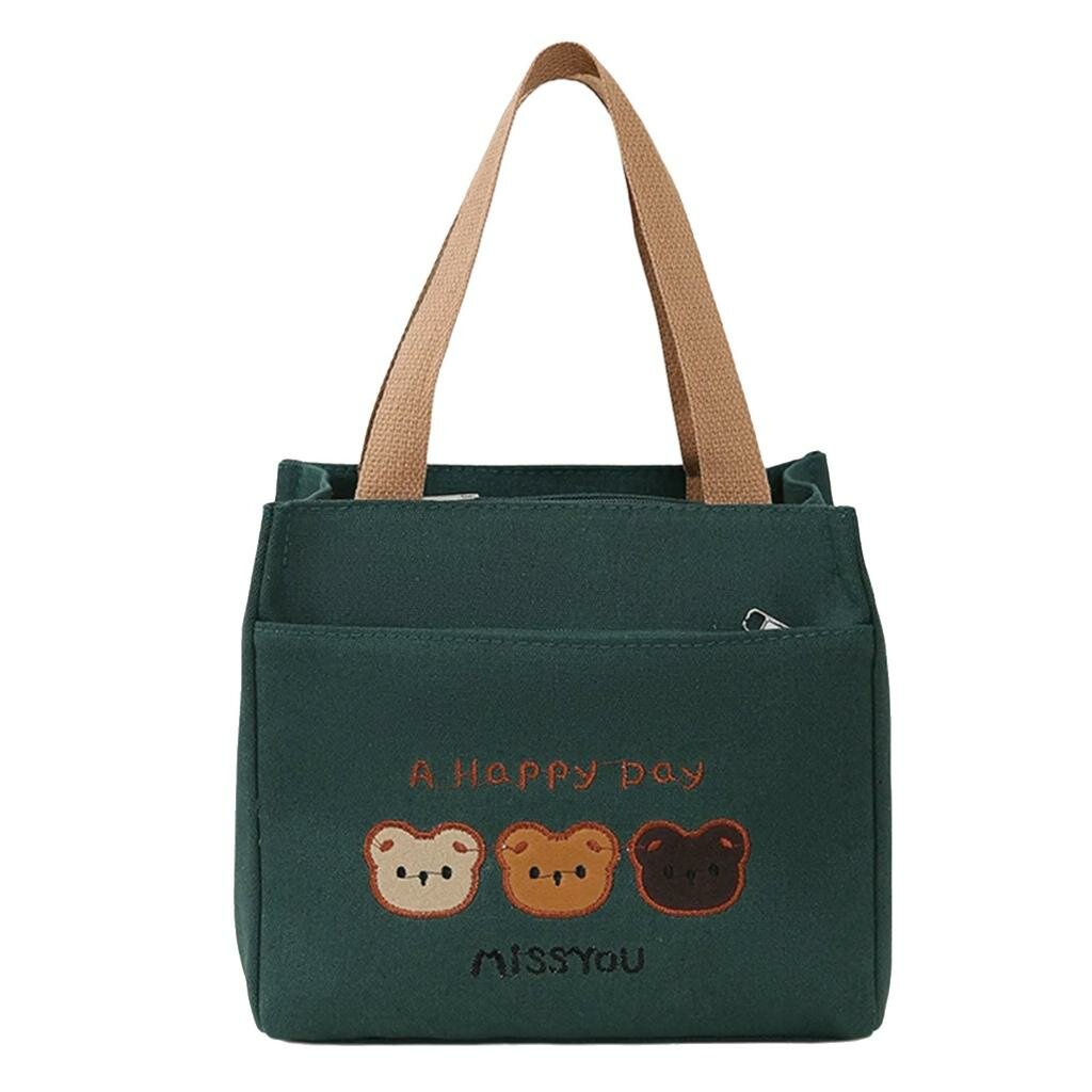 Холщовая сумочка с вышитыми тремя медвежьими головами-темно-зеленая