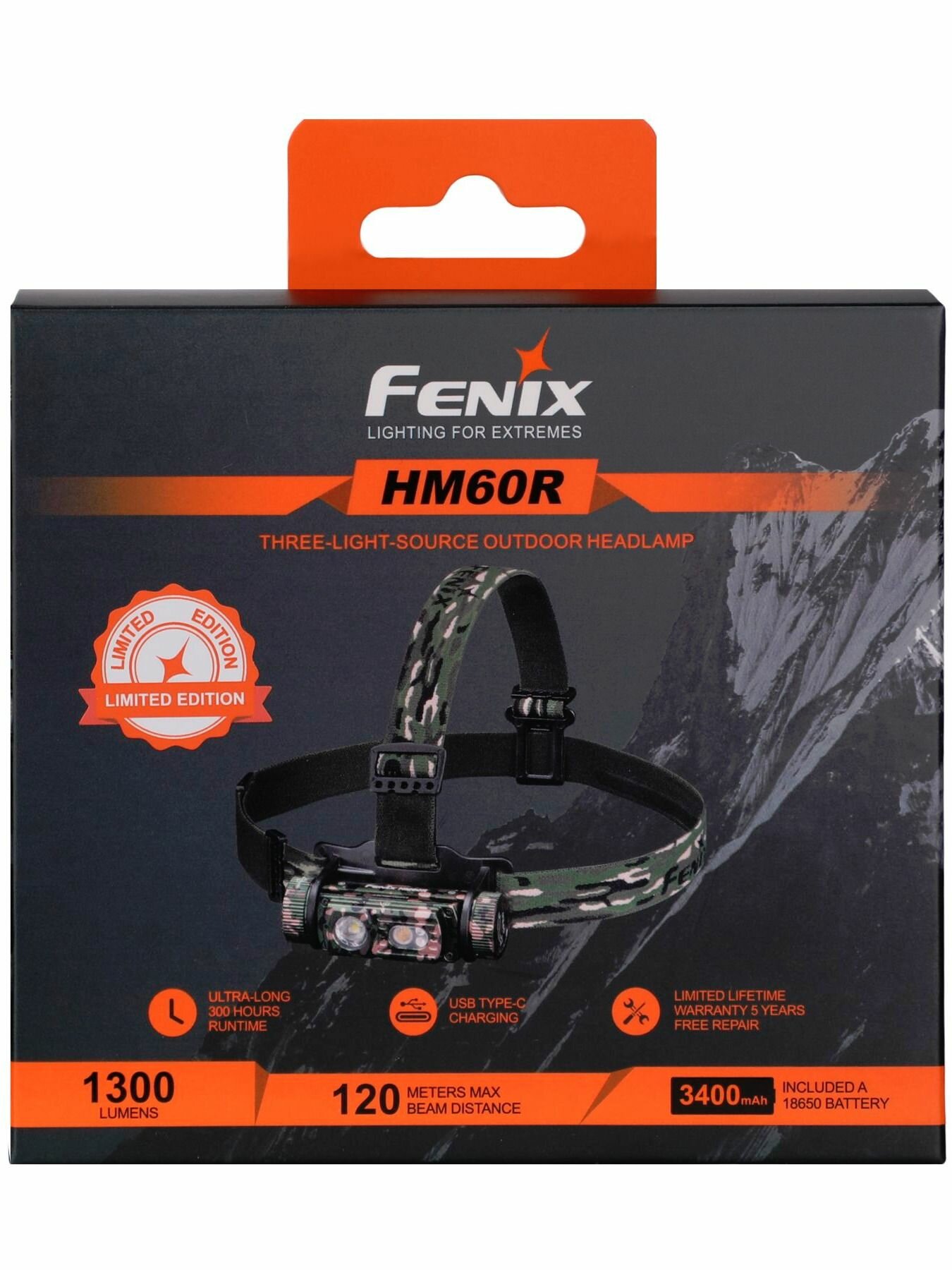 Фонарь налобный Fenix HM60R цвет камуфляж, ближний/дальний свет и красный свет, аккумуляторный, Type-C, 1300 люмен