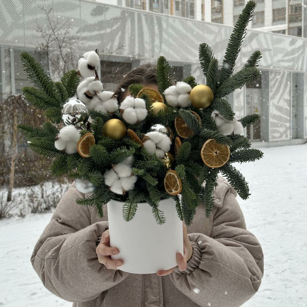 Композиция новогодняя с хлопком и апельсинами , новогодний декор