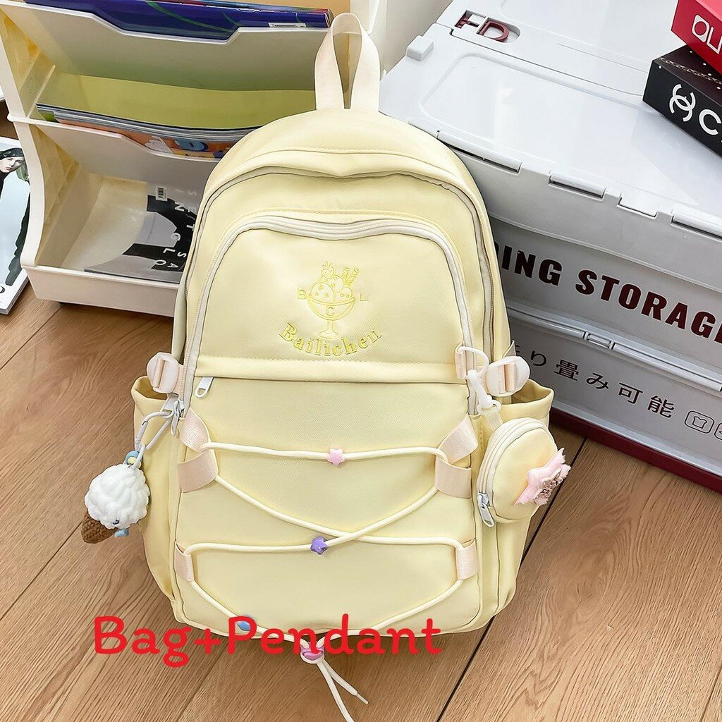Japanese inspired nylon backpack with drawstrings and trendy stitching for students, yellow