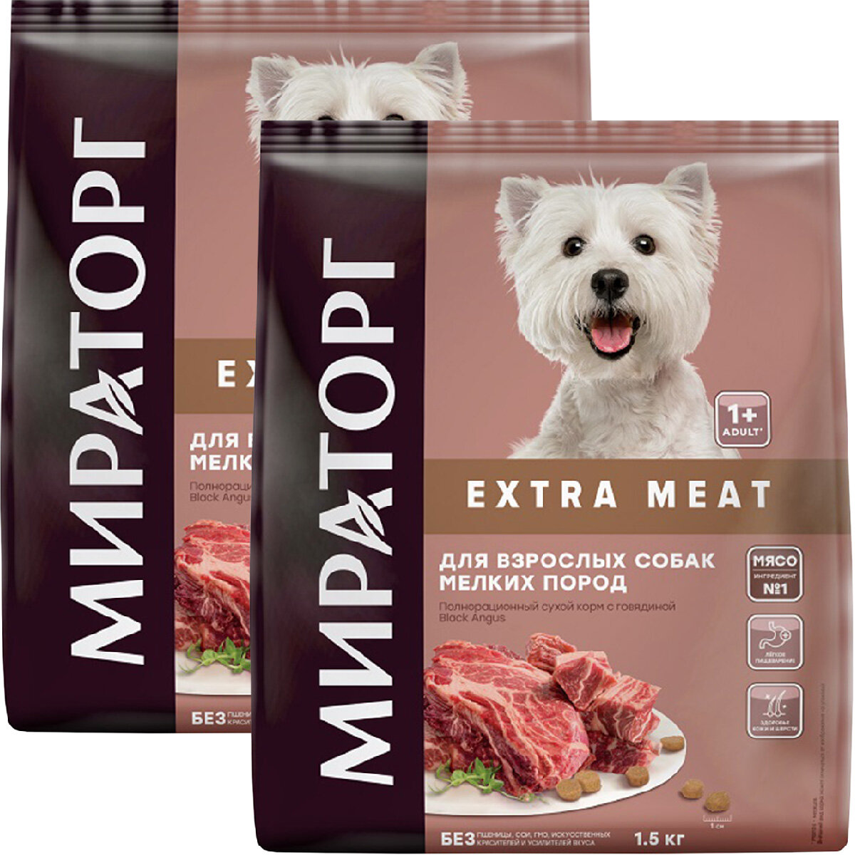 Корм сухой Мираторг Extra Meat для взрослых собак маленьких пород с говядиной Black Angus, 1,5 кг 2 шт