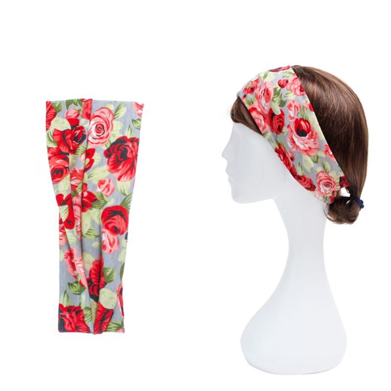 Головная повязка vintage women’s wide elastic stretchy headband floral, красный, зеленый, для йоги и спорта