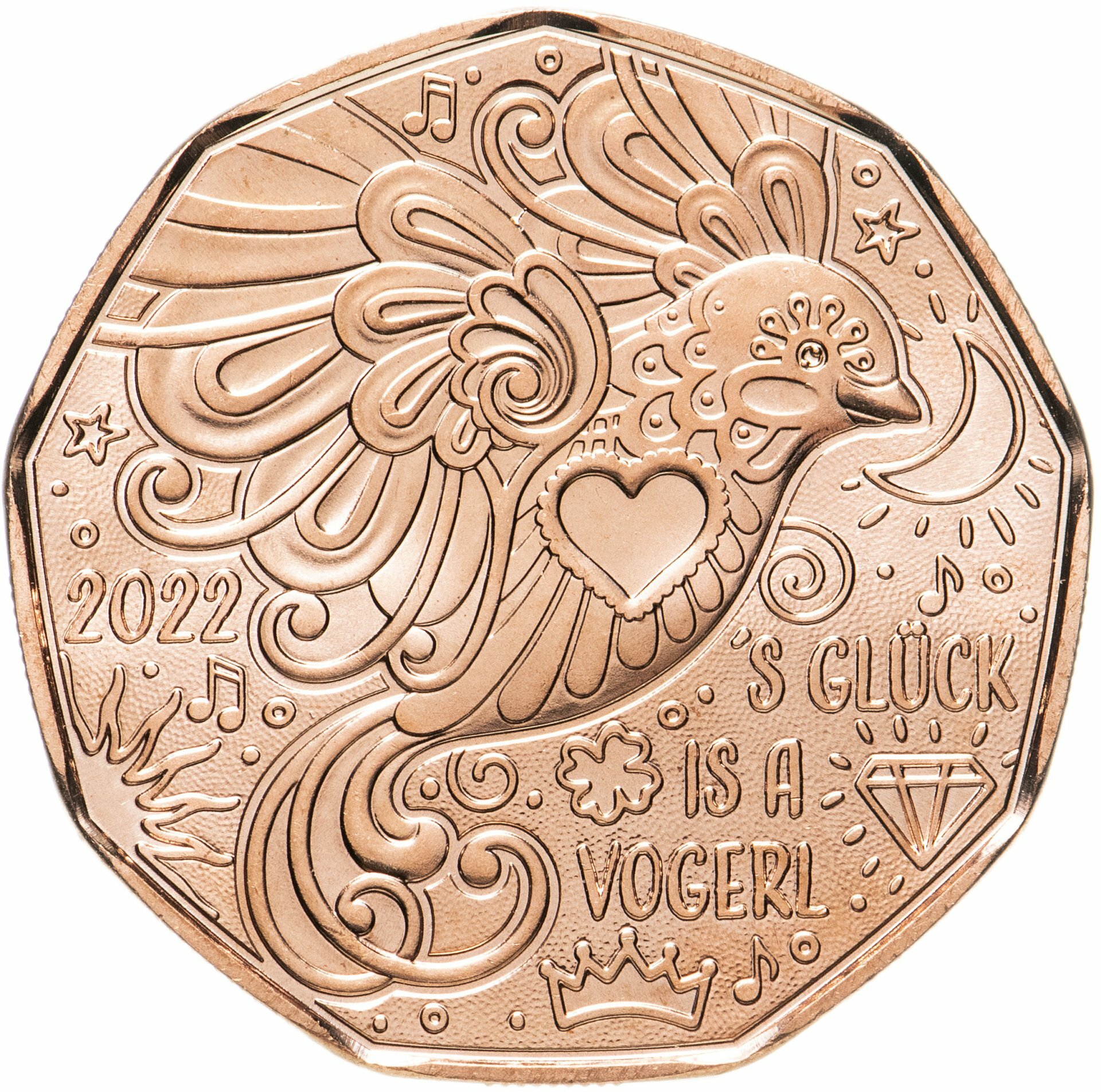 Австрия 5 евро 2022 "Птица удачи", Медь, в сохранности UNC