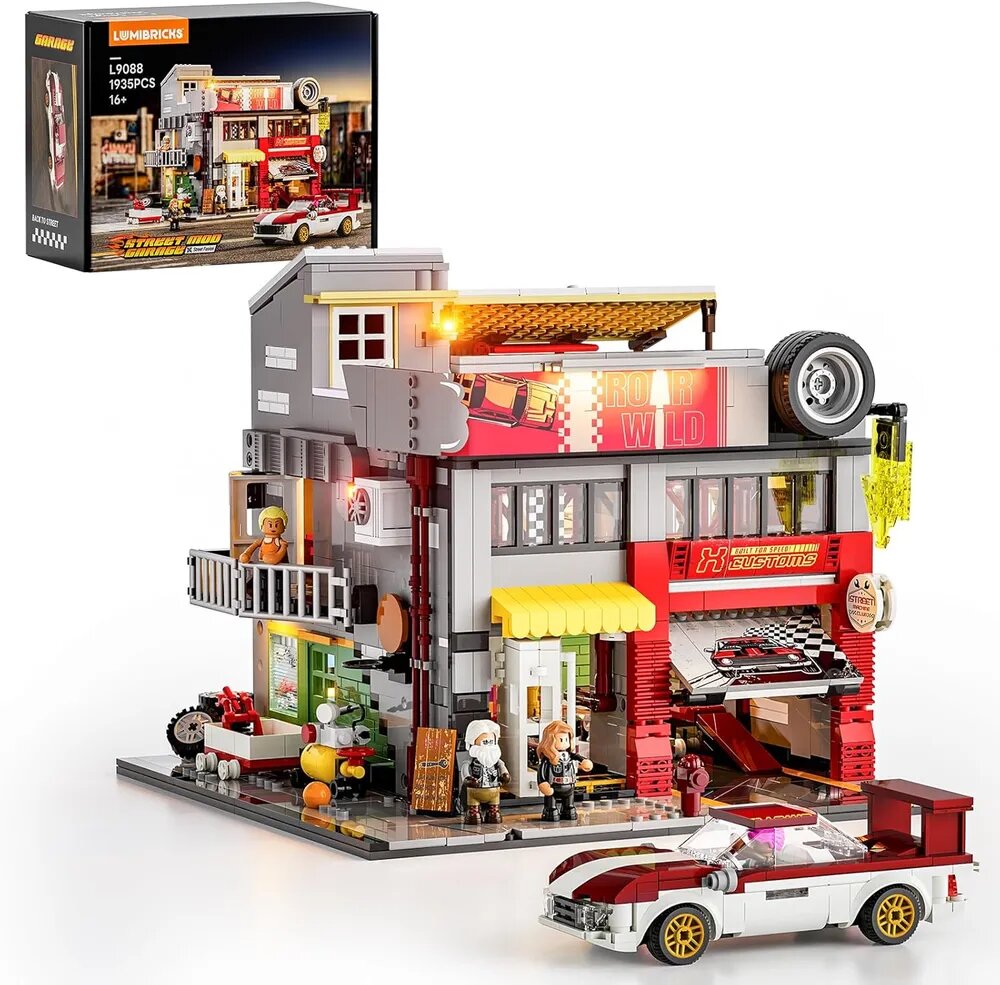 Набор строительных кирпичей Street MOD Garage Lighting Building Bricks Set - Магазин модифицирования автомобилей Street Fusion City, 1935 штдля взрослых, подростков и любителей автомобилей