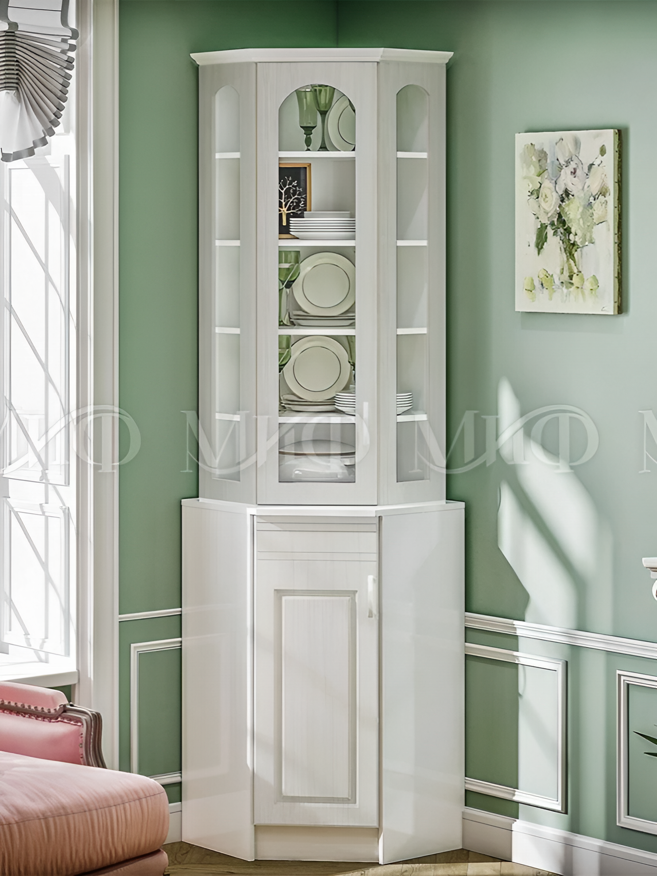 Буфет угловой с полками Констанция сандал/белый, МИФ, Мебельный рай