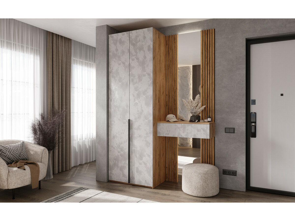 Тумба с зеркалом и шкафом 2-х ств (с подсветкой), Крафт золотой/Мальта