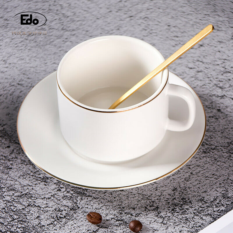 Edo Ceramic Coffee Cup Set, Housewarming Gift, Wedding Present, Birthday Gift, Moving Gift, Gold-Rimmed Office Tea Cups, Cups, Plates, Spoons, Gift Set