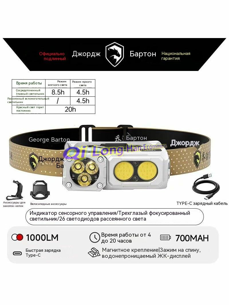 Фонарь налобный с датчиком движения, XHP50, 20Вт, IP67, 6 режимов, жёлтый