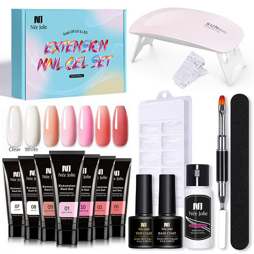 Набор для наращивания ногтей гель, гель для укрепления ногтей, лампа для ногтей UV/LED, сушилка для ногтей, базовый лак, топовый лак, кисть для ногтей, пилка для ногтей, для ногтей, инструменты для маникюра, 7 цветов, 15мл каждый, 1шт базовый лак, 1шт