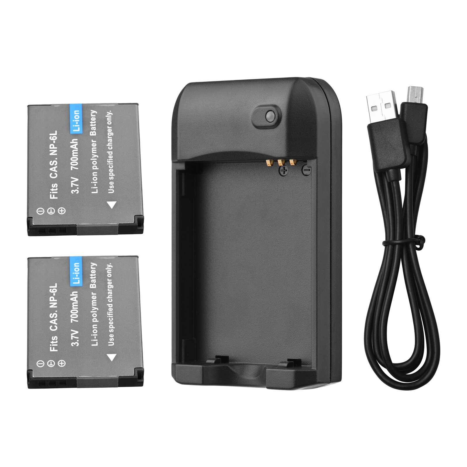Зарядное устройство для батарей NP-6L с индикационным светодиодом + 2 батарейки NP-6L 3.7V 700mAh с кабелем USB для зарядки, черный цвет, порт Micro USB, размер зарядного устройства 6.5*4*1.5 см, вес 12 г