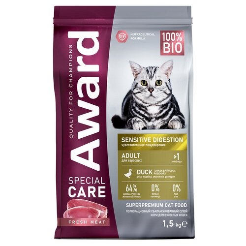 С Чувствительным пищеварением сухой корм авард для взрослых кошек с Уткой 1,5 кг