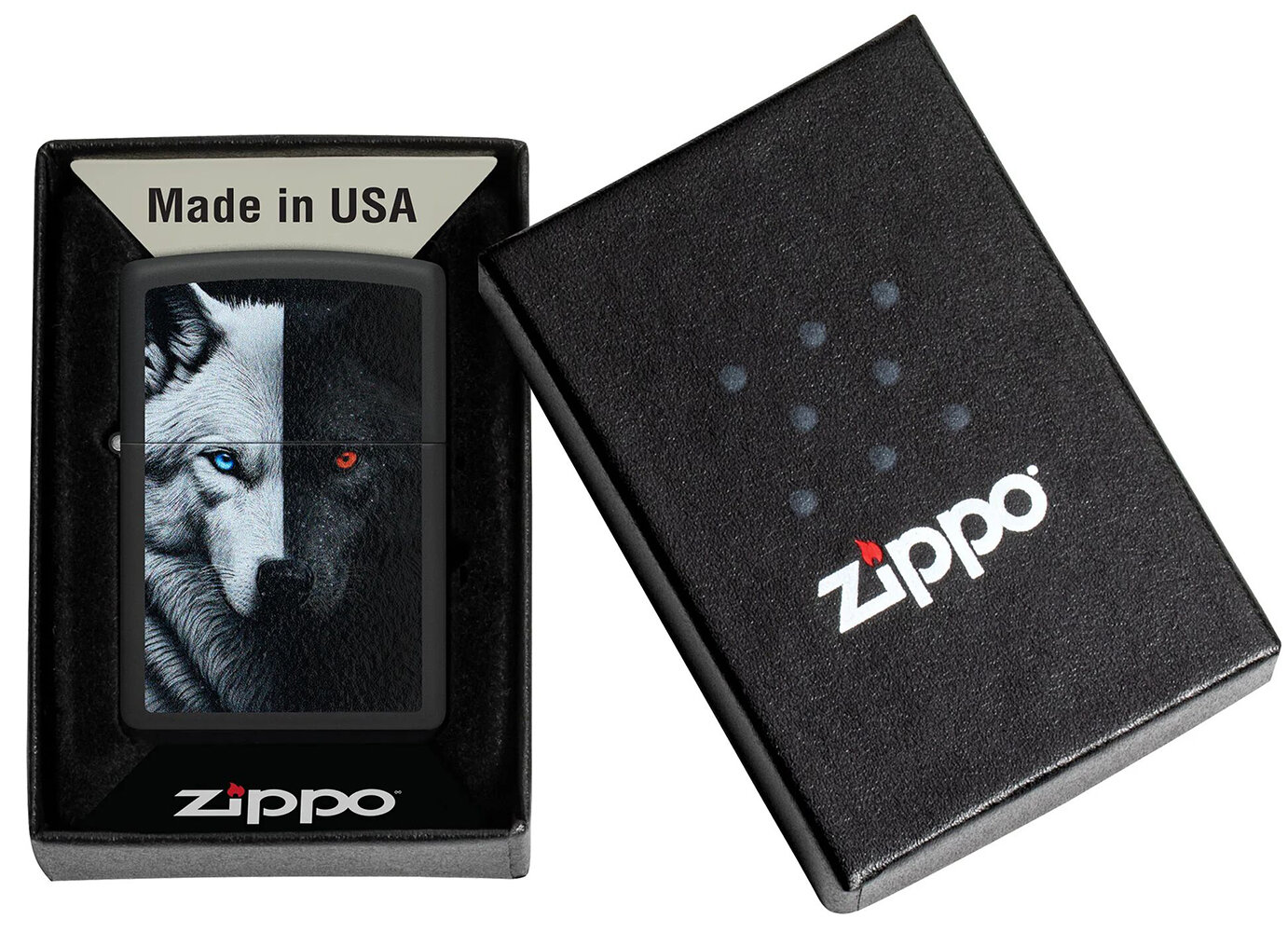 Оригинальная бензиновая зажигалка ZIPPO Two Wolves с покрытием Black Matte, латунь/сталь, черная, 38x13x57 мм (не заправленная)