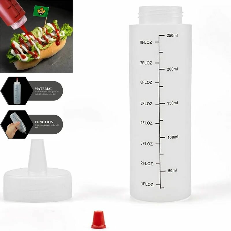 Кухонная бутылка с мерной шкалой узкий носик пластиковая герметичная для соусов салатов выпечки кулинарии удобный дозатор