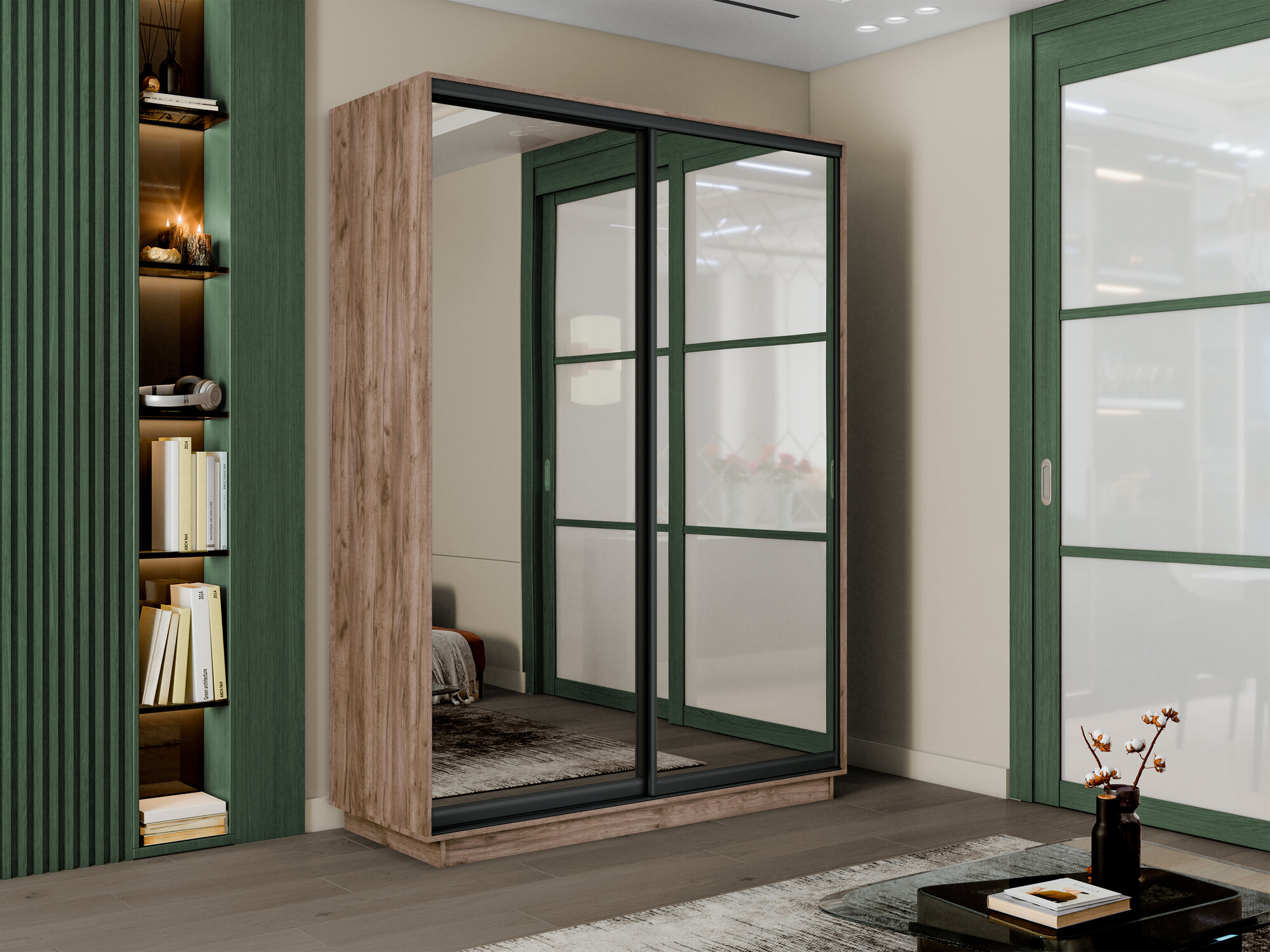 Шкаф купе Вилли 2-х дверный ЛДСП, зеркальные двери, профиль черный 120 см х 220 см х 45 см (Крафт табачный)