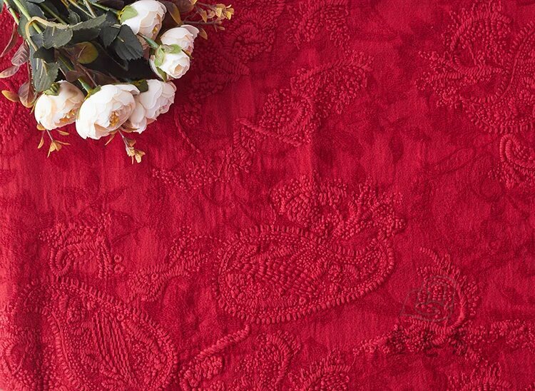 Льняная хлопковая ткань с вышивкой 135x50 см Красный, Красный