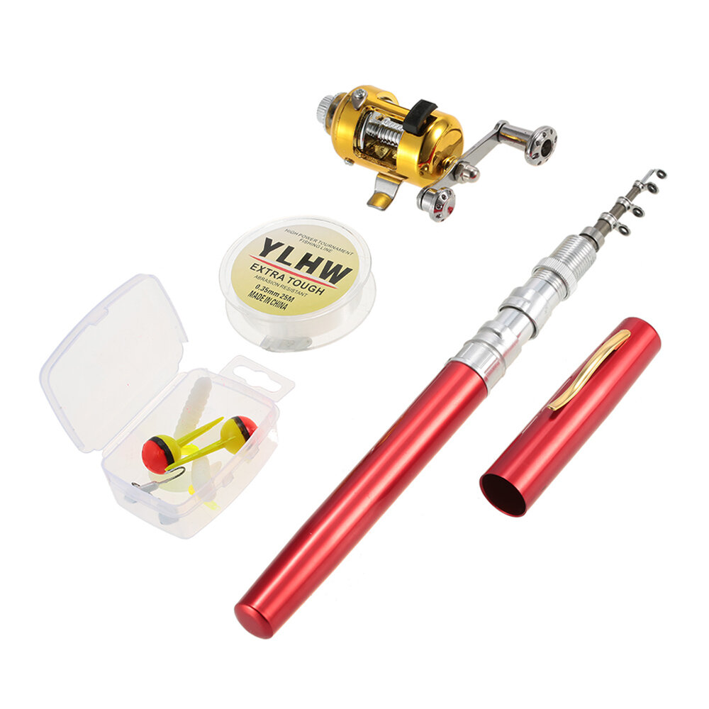 Комплект для рыбалки Fishing Rod Reel Combo Set: мини-телескопическая ручка для рыбалки (пурпурный/синий/черный/золотой/серебристый/красный), катушка, леска 0.35мм 25м, упаковка с приманками и крючками, материал алюминиевый сплав и стекловолокно,