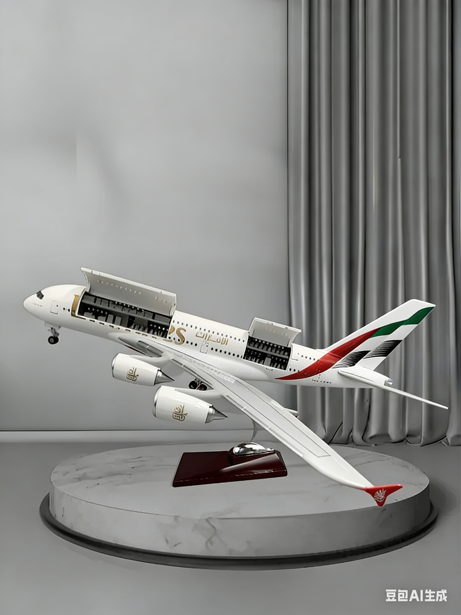 Модель самолета с шасси и иллюминаторами Emirates Airbus A380 коллекционные с демонстрационным стендом