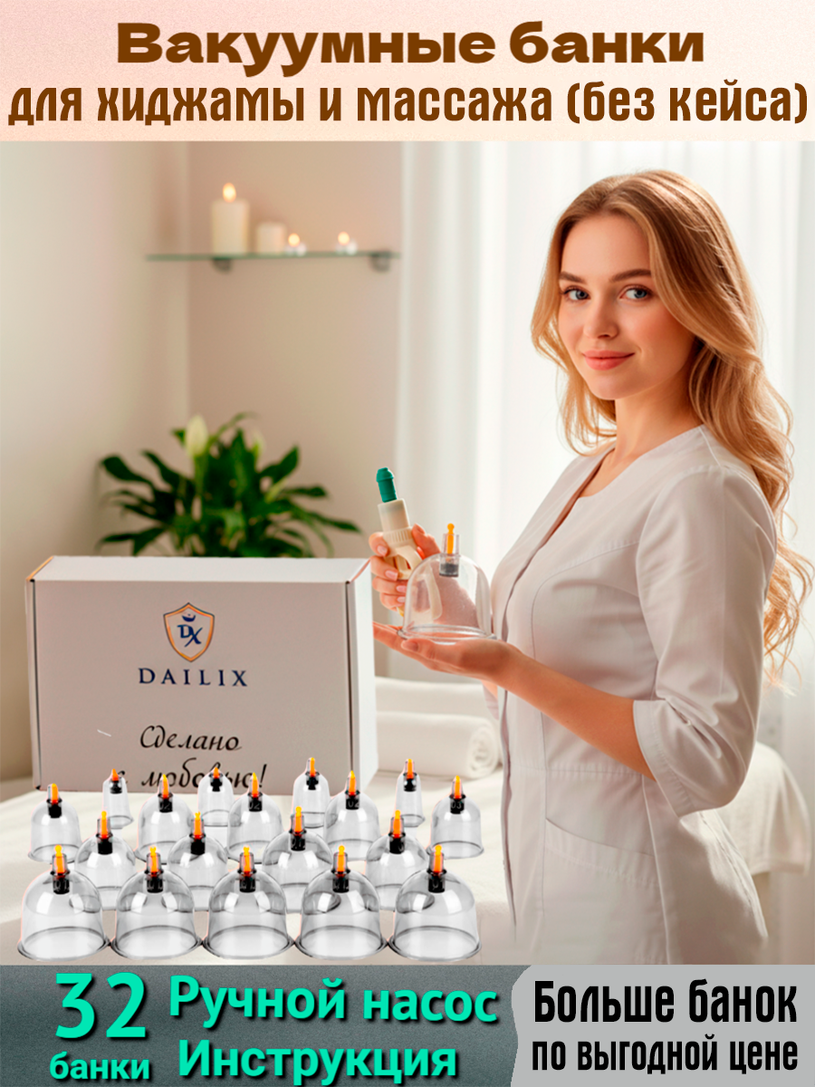 Вакуумные банки для массажа, для хиджамы, с насосом /профессиональный набор для массажа DAILIX, от целлюлита 32 шт.