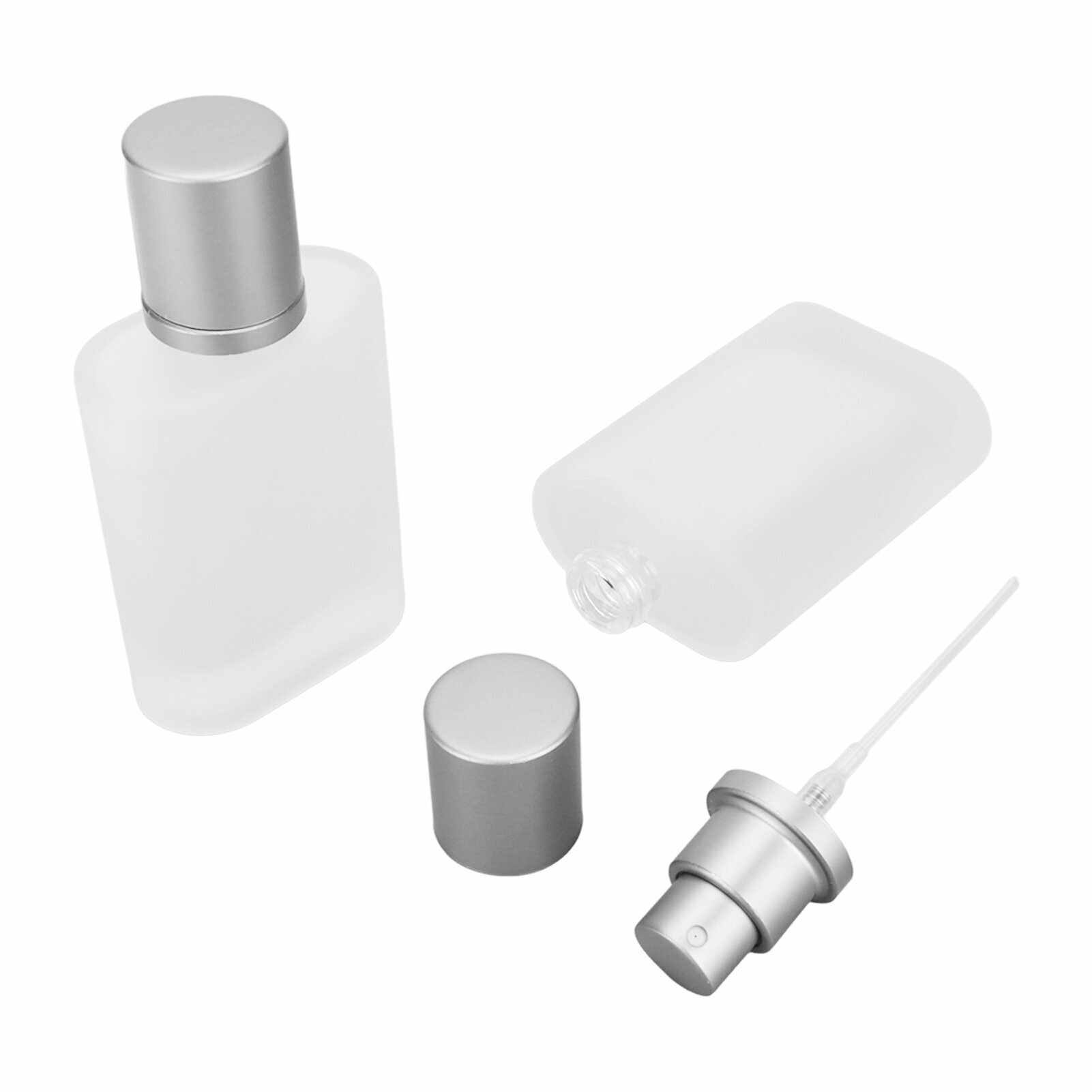 2 флакона-распылителя для духов из толстого матового прозрачного стекла, многоразового использования, объемом 50 мл.