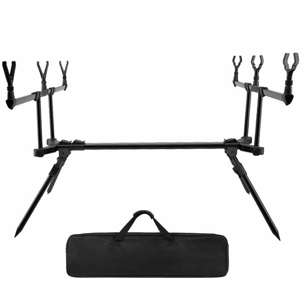 Pod-стойка для удочек для ловли карася Adjustable Retractable, Aluminum Alloy, черный цвет, тип A/B (выбор), размер упаковки 81*21*7см, вес упаковки 2.4кг, для 4 удочек, в комплекте: 1 стойка, 2 Buzz Bar, 4 коротких стержня, 3 головки подставки