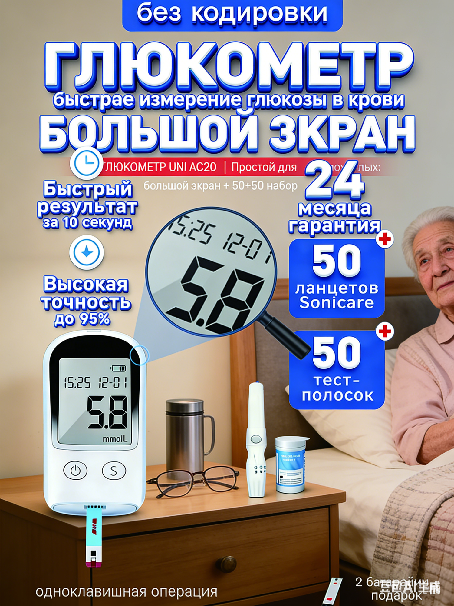 Глюкометр с прокалывателем и ланцетами в наборе, измеритель сахара в крови, мониторинг глюкозы при диабете