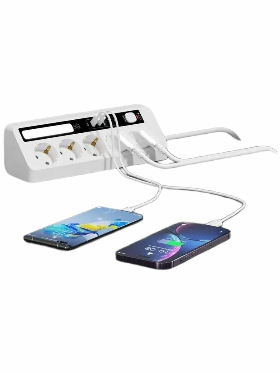 Угловой сетевой фильтр-тройник для стола с ночником (3 цвета, сенсорное управление), USB-портами и защитой от перегрузки. Европейский стандарт