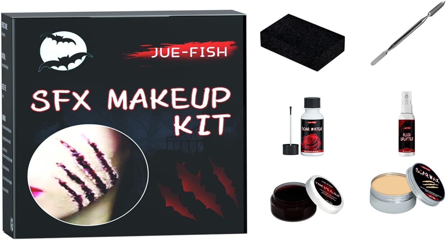 Набор для спецэффектов макияжа Jue-Fish для Хэллоуина и косплея, включающий 3 губки, 1 spatula, 1 жидкость для шрамов, 1 пятно крови, 1 кровь вампира, 1 воск для шрамов, размер упаковки 160*100*35мм, вес 188г, для детей и взрослых