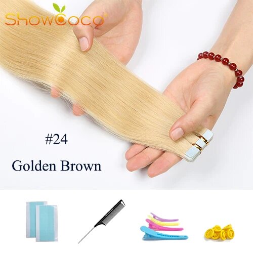 Ленты для наращивания ShowCoco, натуральные волосы, прямые, 12-24 дюйма, Color24 -20 Pcs, 22 дюйма