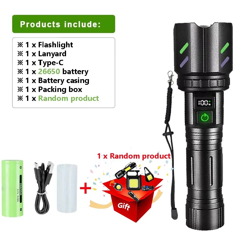 Тактический фонарь 2025 алюминиевый Зеленый, 26650 battery gift