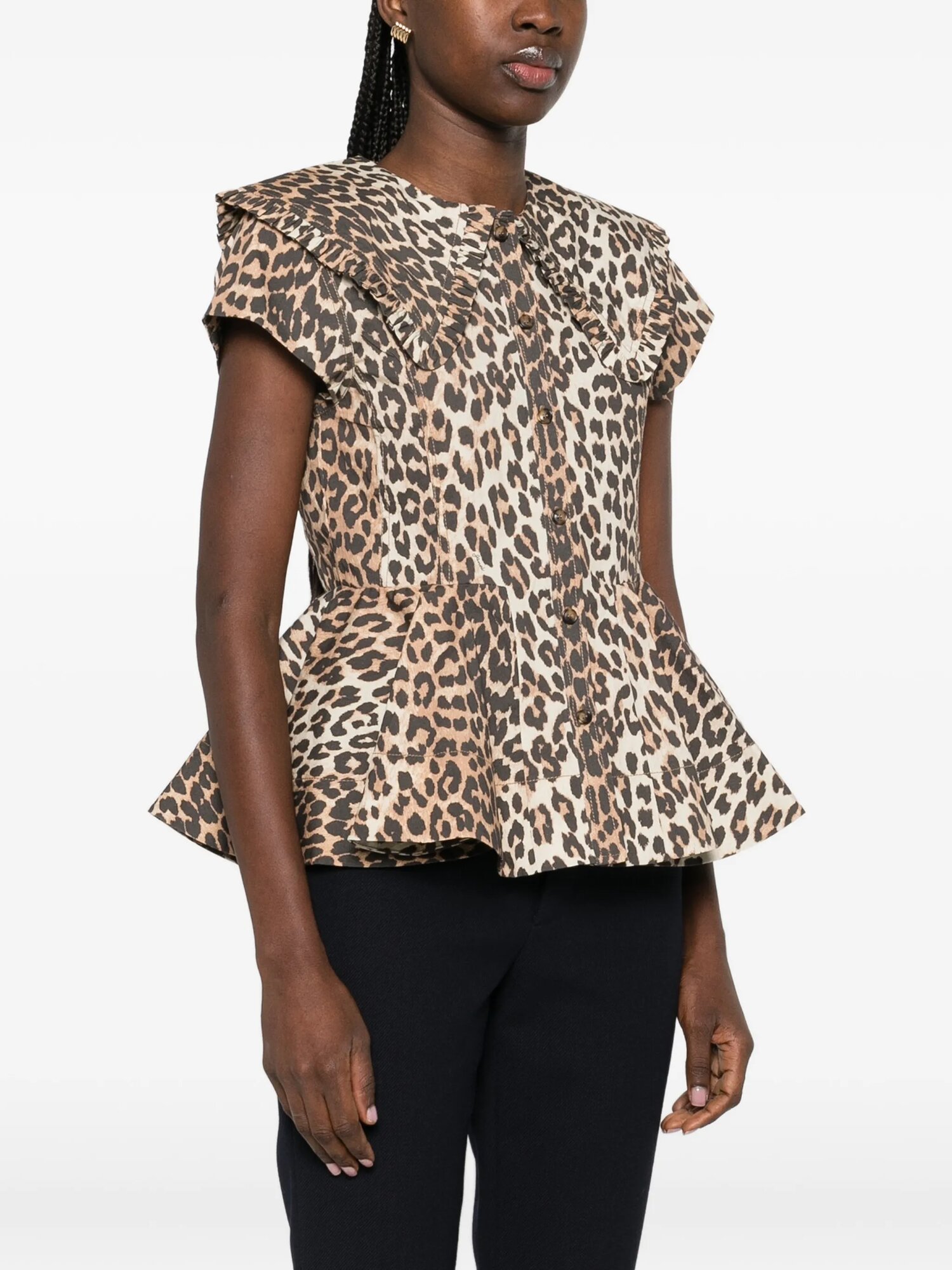 Топ GANNI Ruffled leopard-print top, размер 34, brown — фото 1