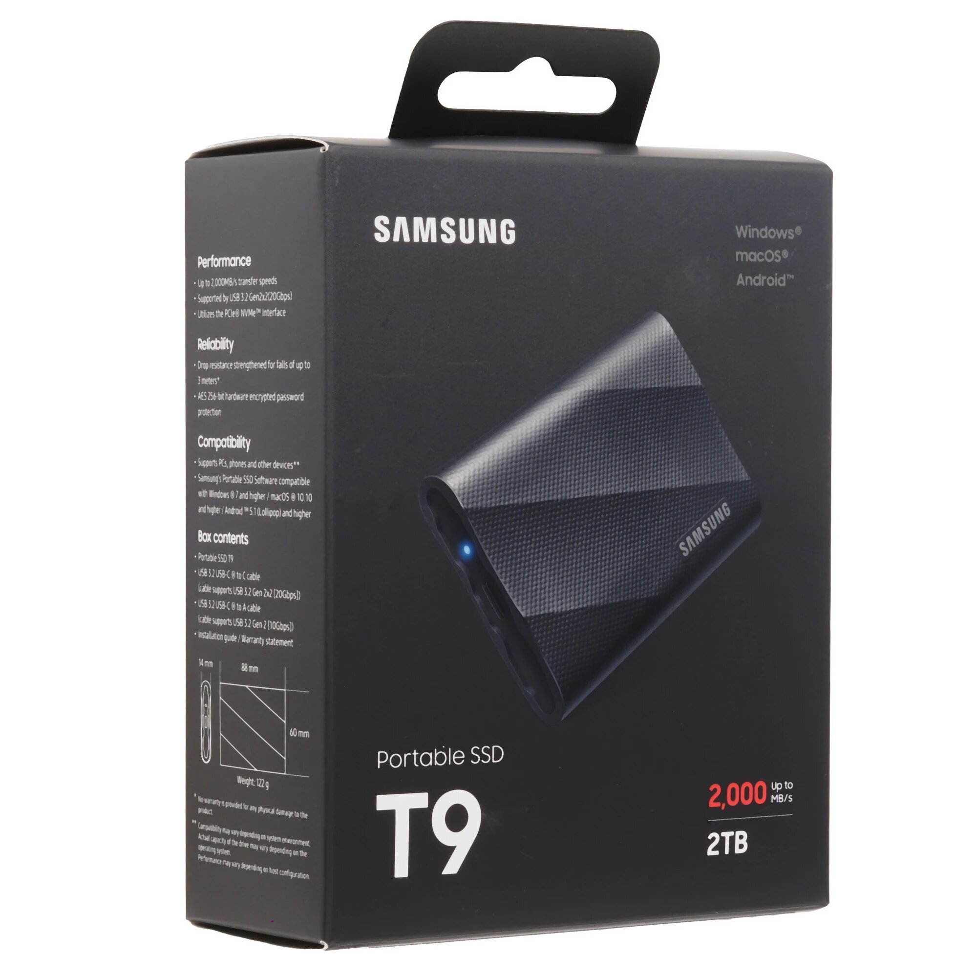 Внешний жесткий диск SSD 2Tb, Samsung Touch T9 USB 3.2, Type-C, Black (MU-PG2T0B)