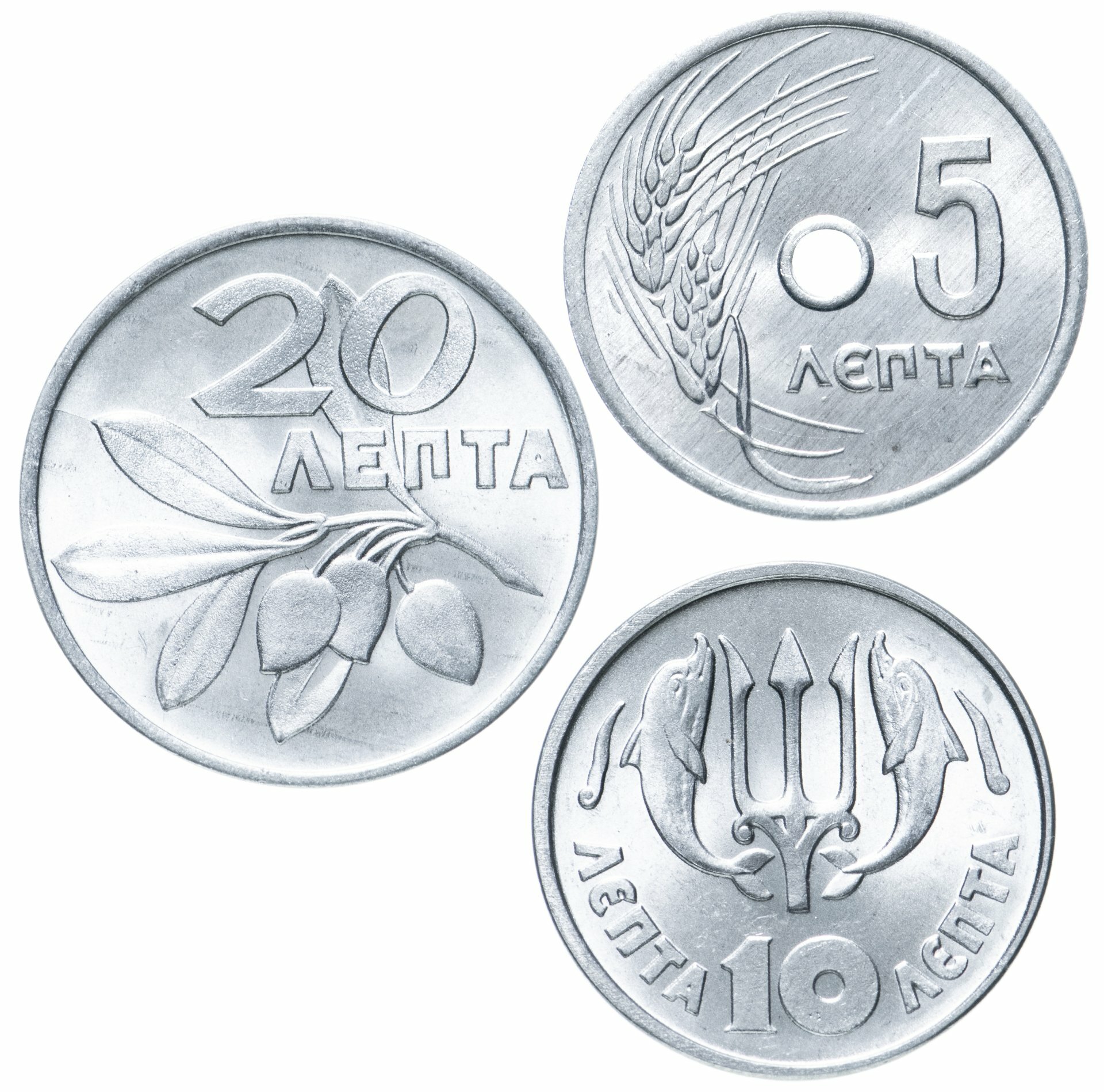 Греция - набор 5, 10, 20 лепта 1971 - 1973 - "Фауна Оливки, Пшеница", Алюминий, в сохранности UNC