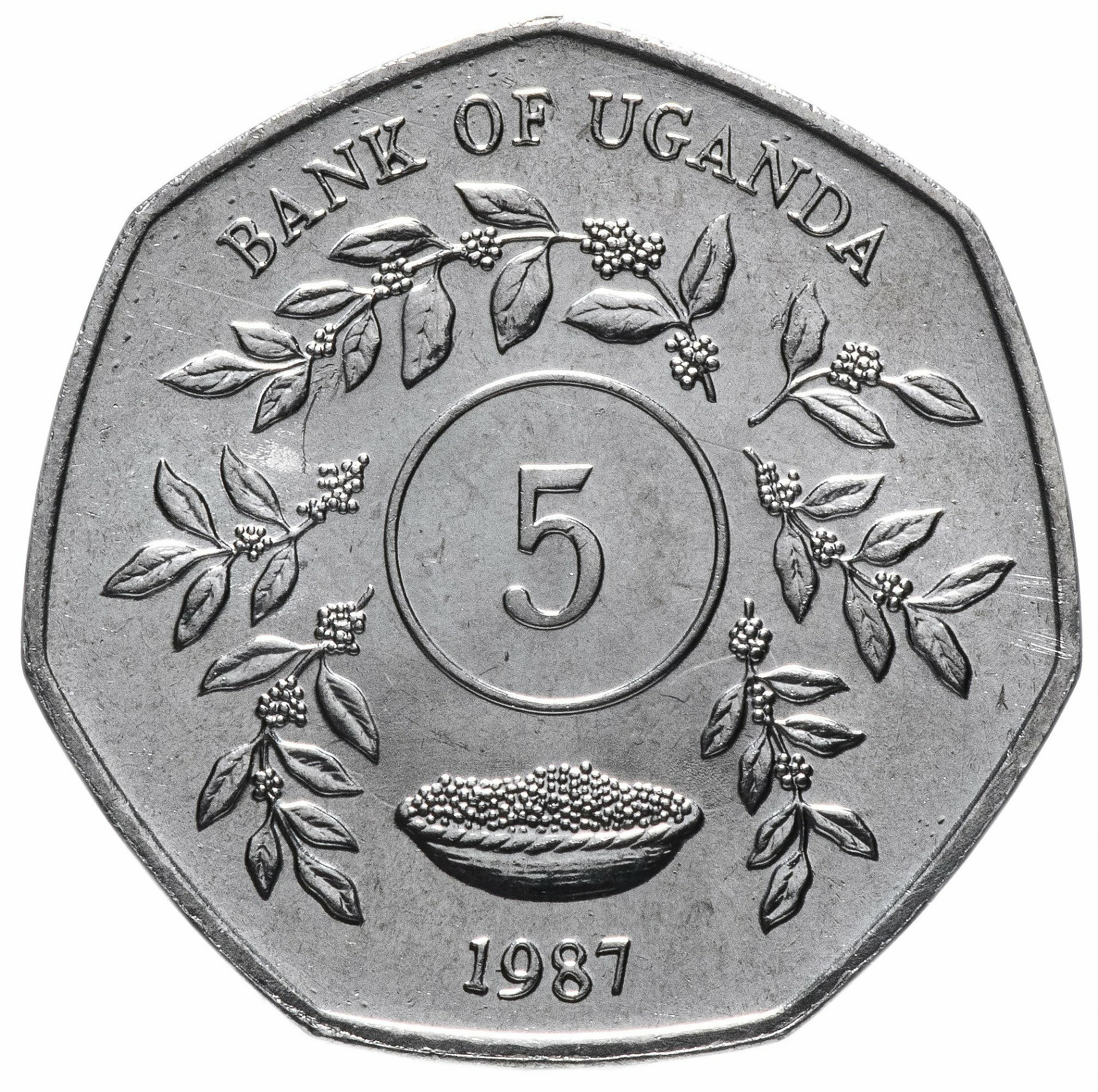 Уганда 5 шиллингов shillings 1987, Сталь, в сохранности UNC