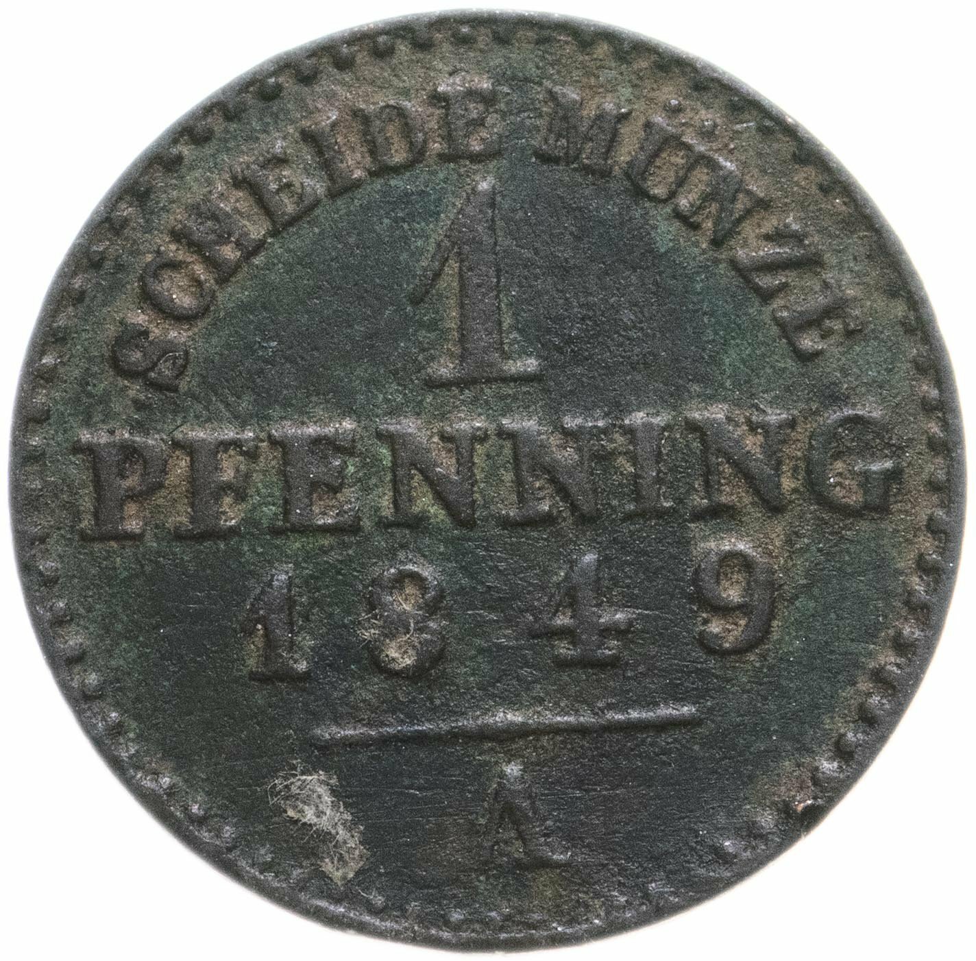 Германия, Прусия 1 пфенниг 1849 А, Медь, в сохранности VF