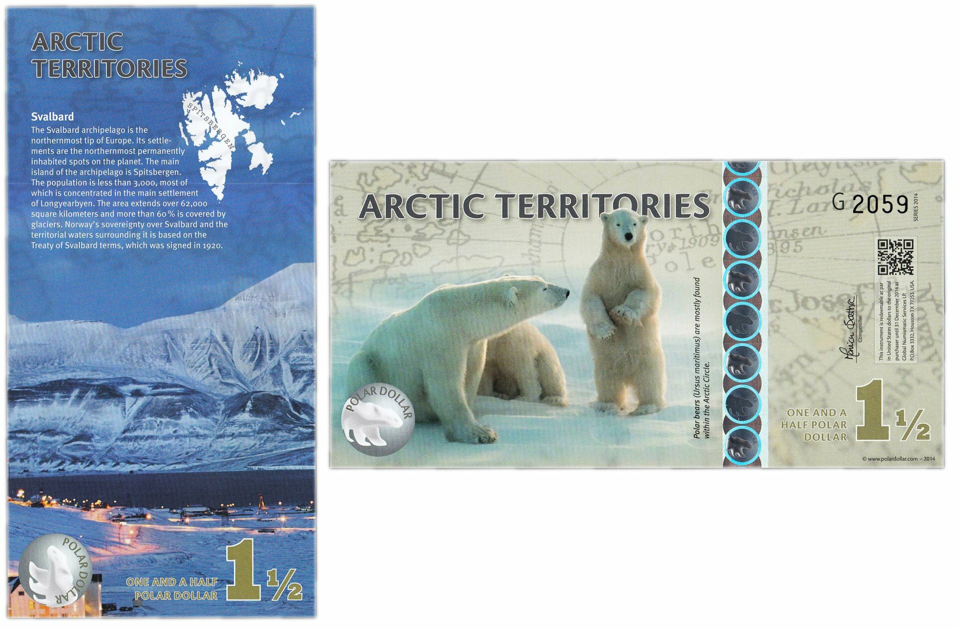 Арктические территории Арктика1,5 1 + 1/2 доллара 2014 "Полярный медведь" полимер
