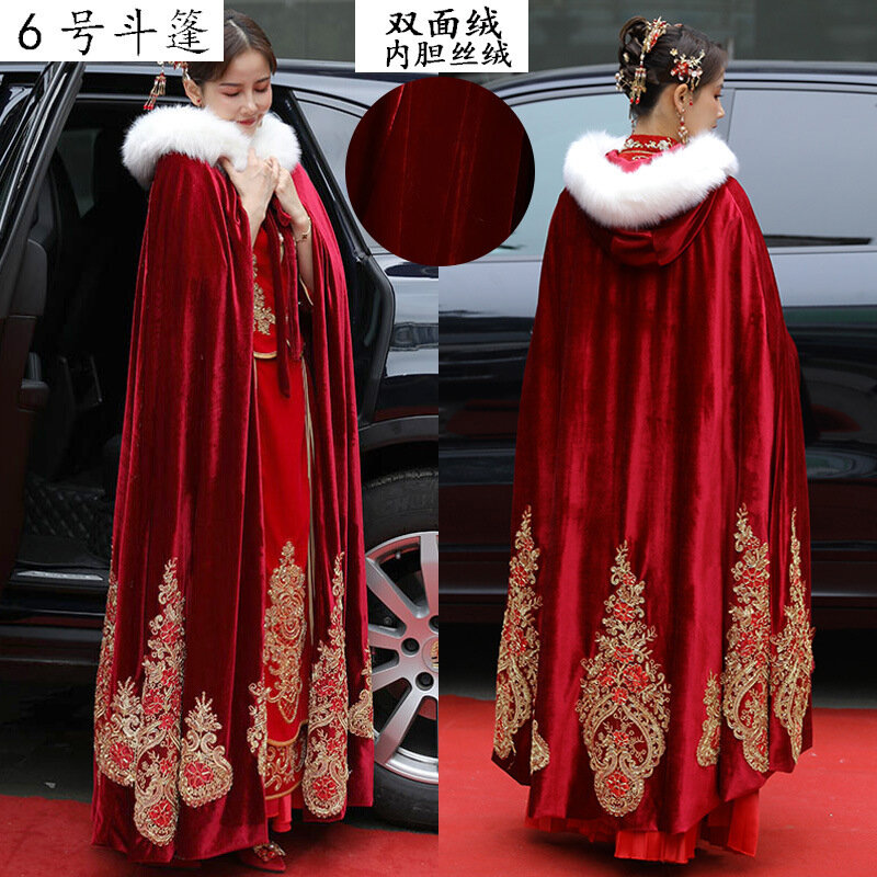 В наличии костюм Ханфу Сюхэ, утолщенный национальный стиль, красный китайский стиль, накидка с меховым воротником, свадебный шаль для невесты, зимний теплый