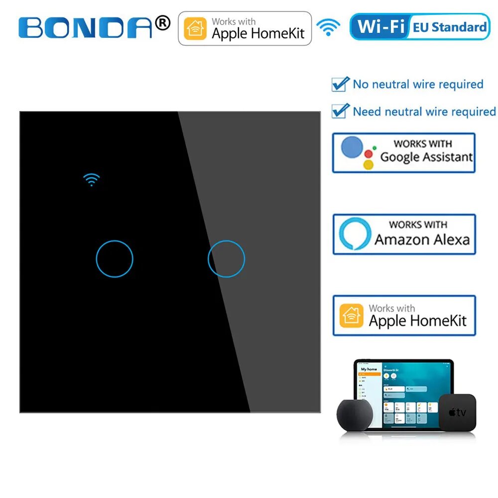 BONDA Умный выключатель WiFi, черный, 1/2/3 Gang
