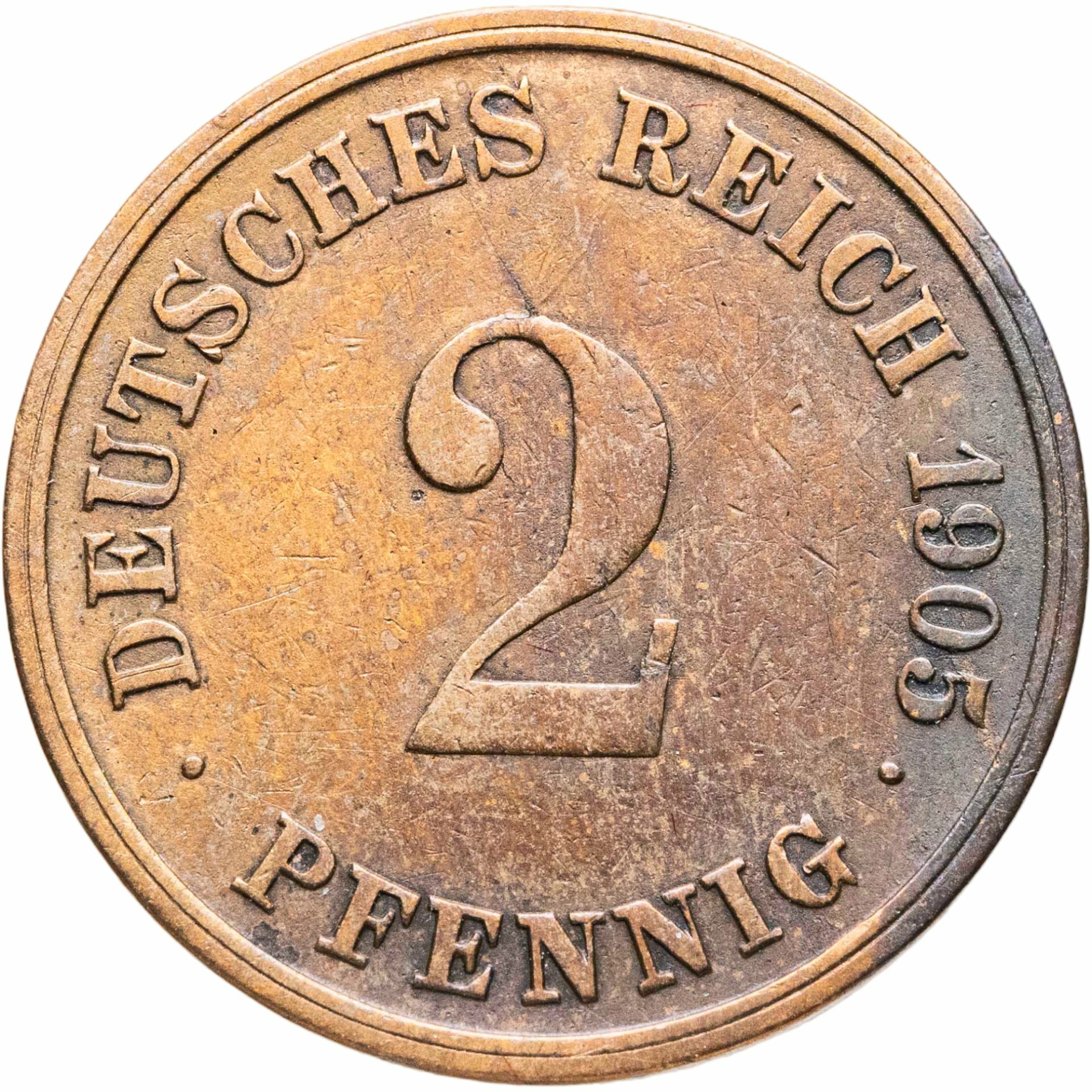 Германия 2 пфеннига pfennig 1905 G знак монетного двора: "G" - Карлсруэ, Медь, в сохранности VF