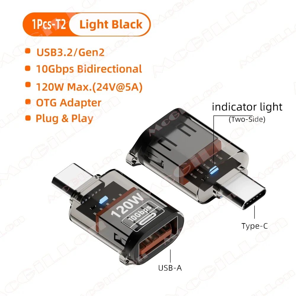 USB 3.2/Gen2 OTG адаптер Type-C/USB-A 120W Light Black