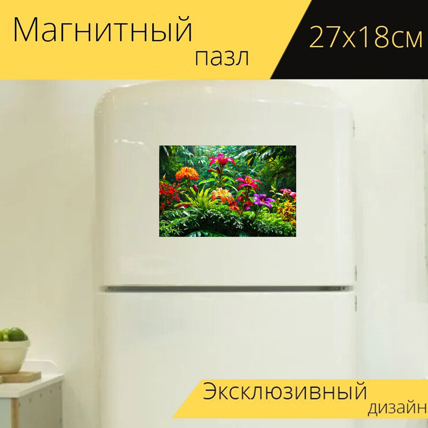 Магнитный пазл "Цветы в стиле рендер с экзотическими цветами на фоне большого тропического леса" на холодильник 27 x 18 см.