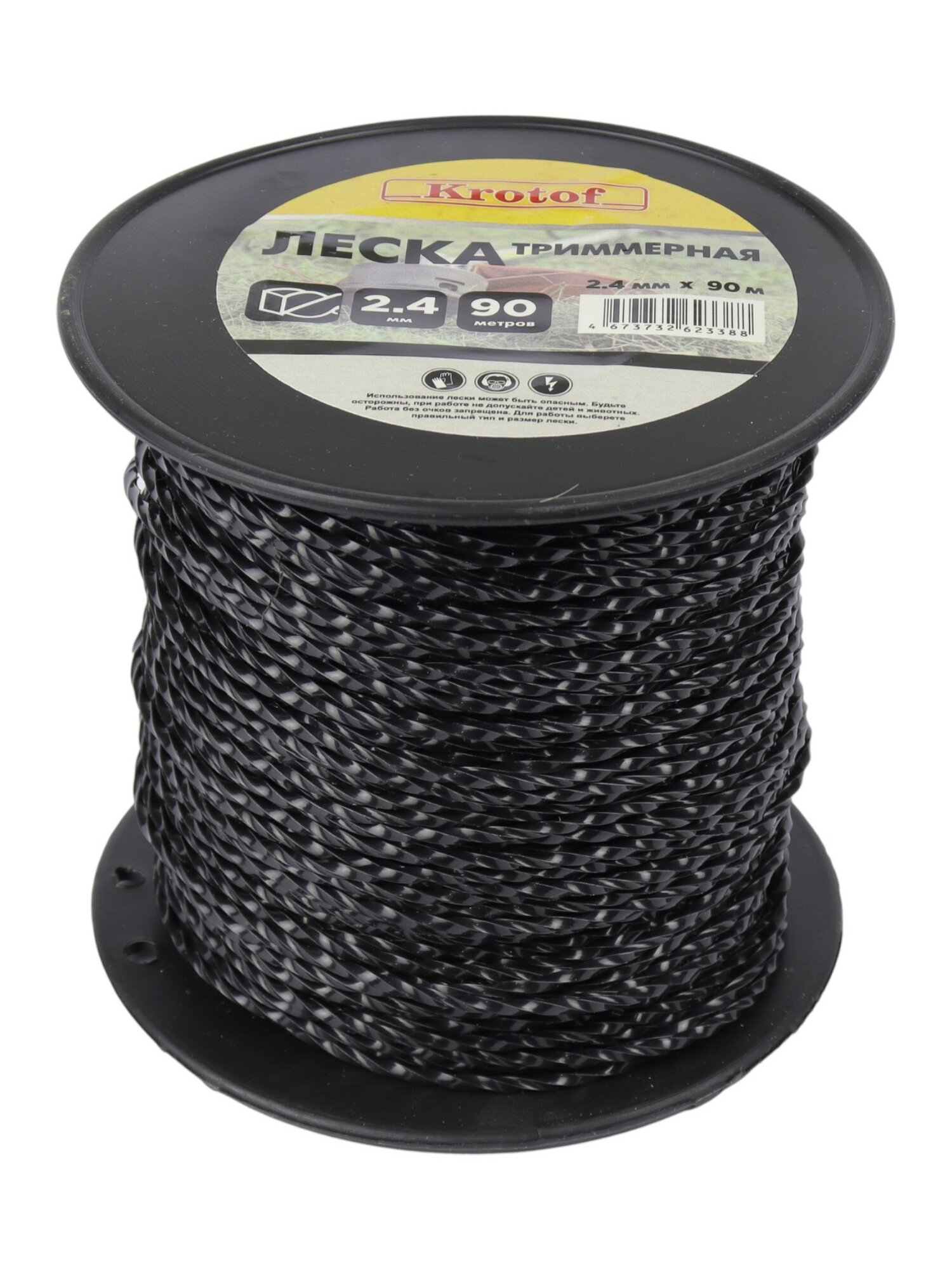 Леска для триммера 2,4 мм х 90м (витой квадрат, катушка, черный) Krotof / бухта