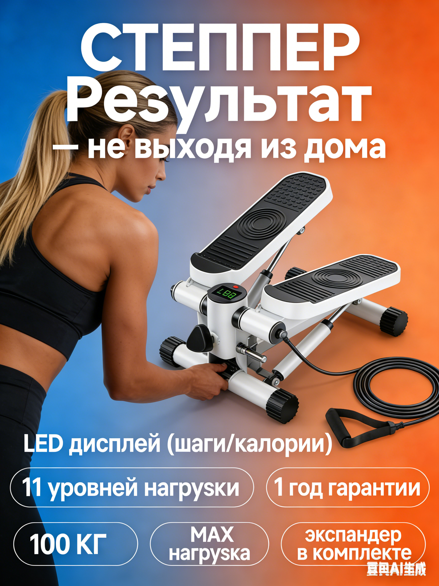 Степпер-тренажер, для дома, компактный, с эспандерами, черный