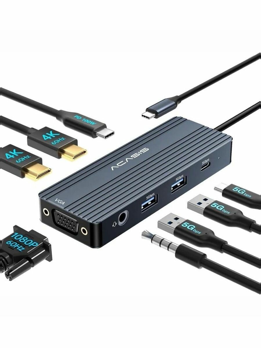 Док-станция/USB- концентратор Acasis DS-0801, 8 портов, HDMI 4K 60Hz, VGA, USB-C, USB-A