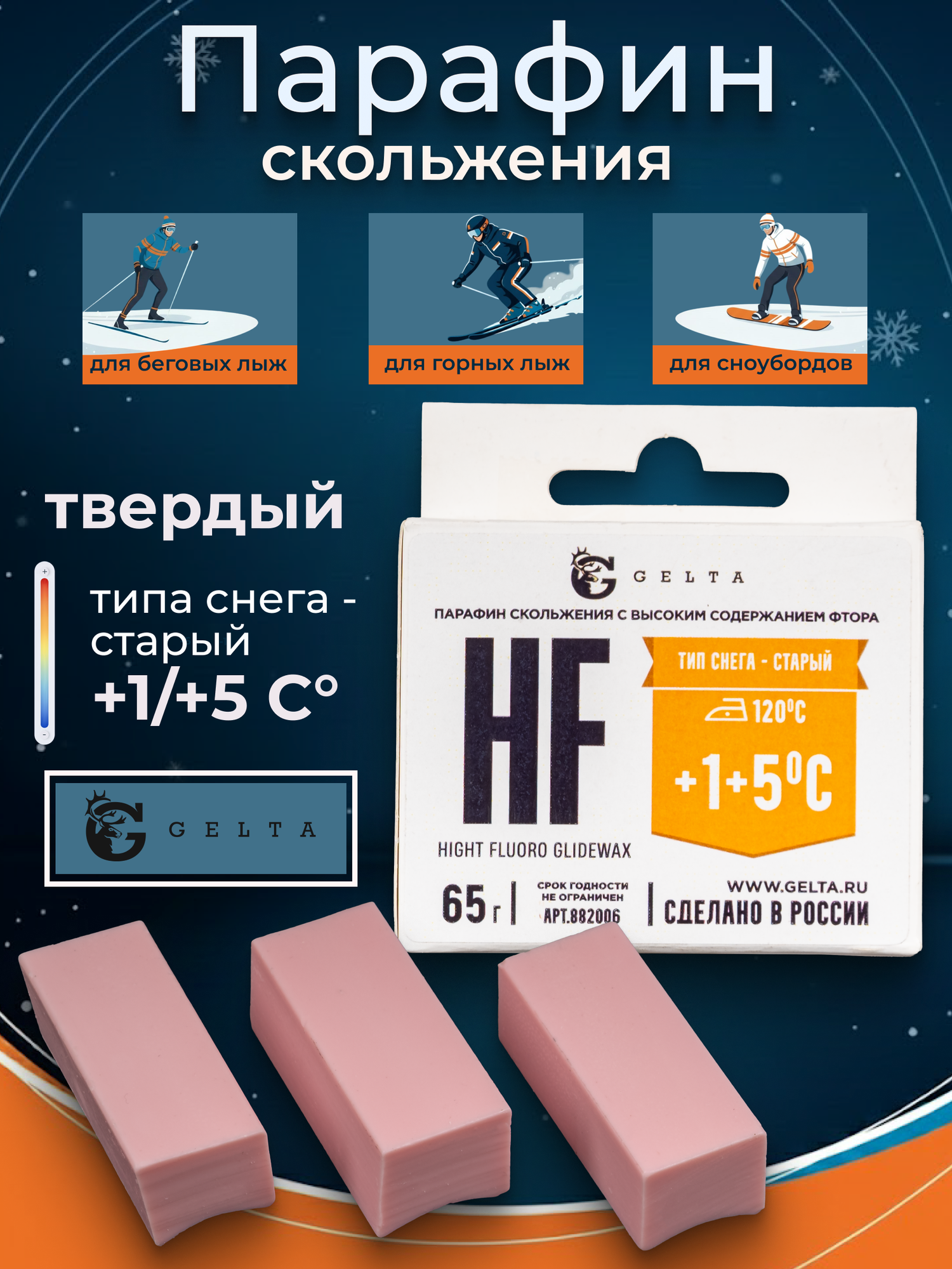 Парафин твердый для лыж и сноубордов Gelta HF +1/+5°C воск скольжения лыжный 65 грамм