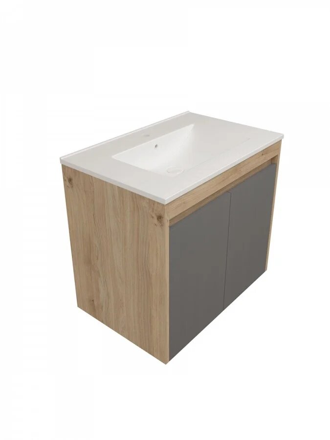 Тумба с раковиной Teymi Netta 70 подвесная, 71 см, серая, матовая, из МДФ, с дверками, раковина для ванной фарфоровая, прямоугольная