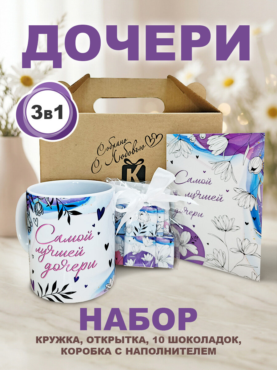 Подарок дочери на день рождения с кружкой для чая Дочке, открыткой и набором шоколада с пожеланиями
