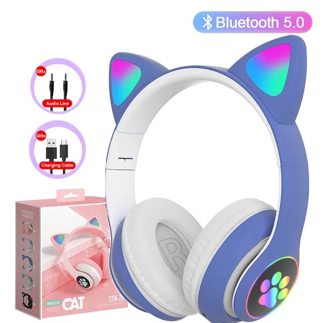 Милые наушники с кошачьими ушками, фонариком, стереозвуком Bluetooth 5.0, микрофоном, поддержкой TF-карт, беспроводные, для детей и девочек, отличный подарок на день рождения.