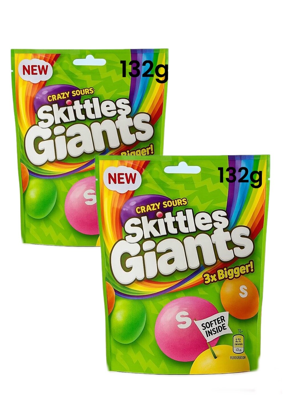 Драже конфеты жевательные Skittles Giants Crazy Sour / Скитлс кислые фрукты, 132гр х 2 шт